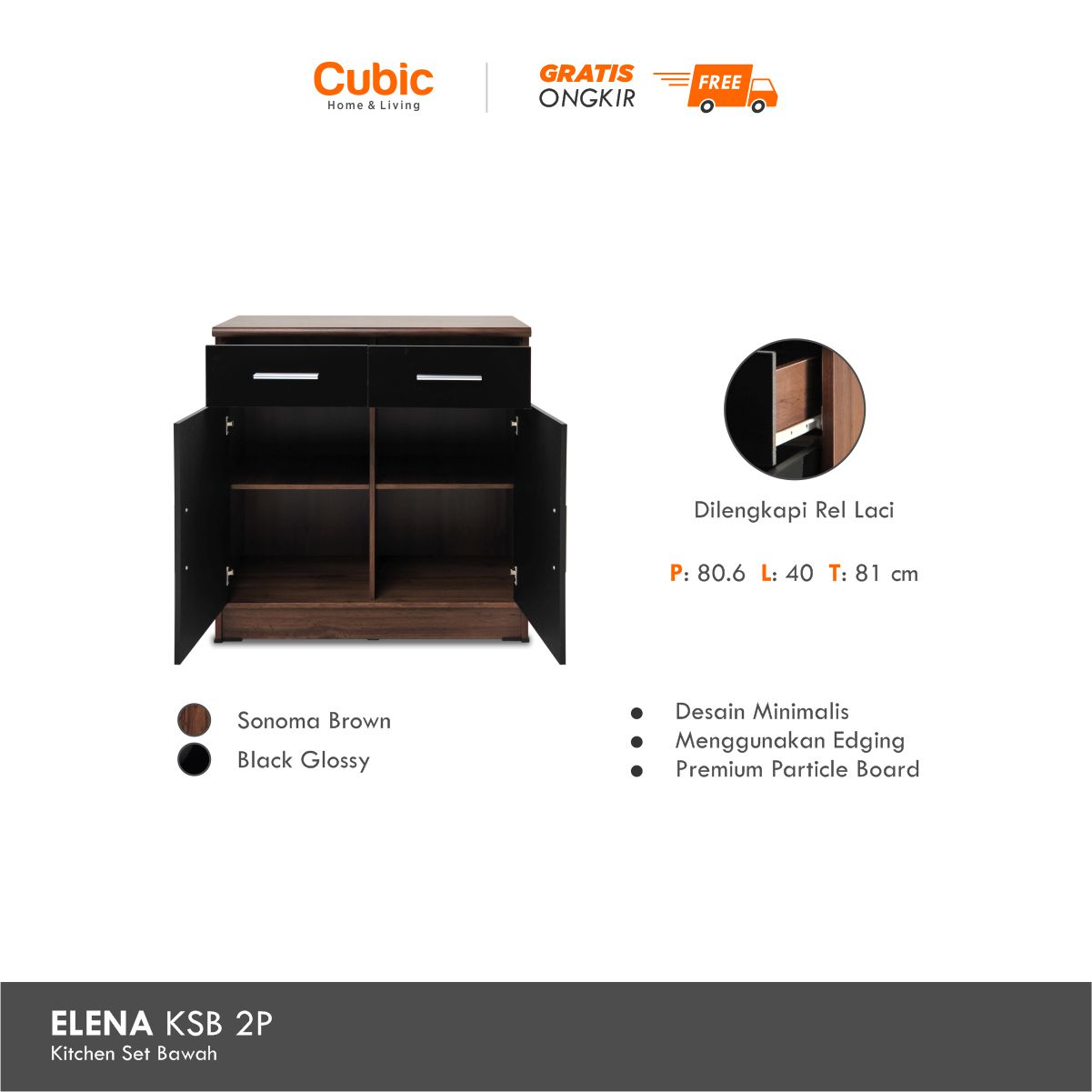 Cubic Kitchen Set 2 Pintu – Rak Bawah Dapur – ELENA KSB 2P - Cubic Home Living